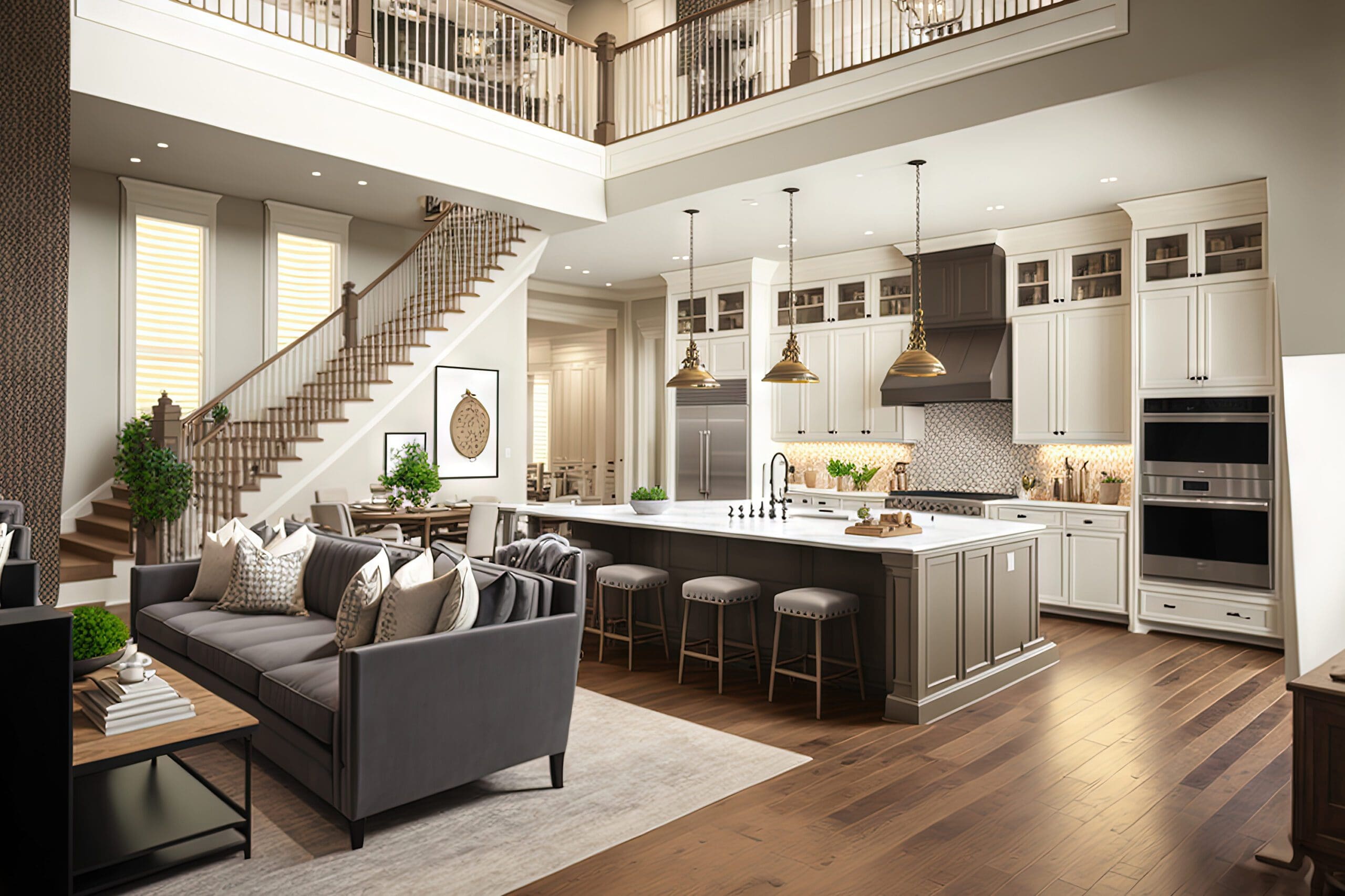 Kitchen and living room interior in new luxury home with open concept ...